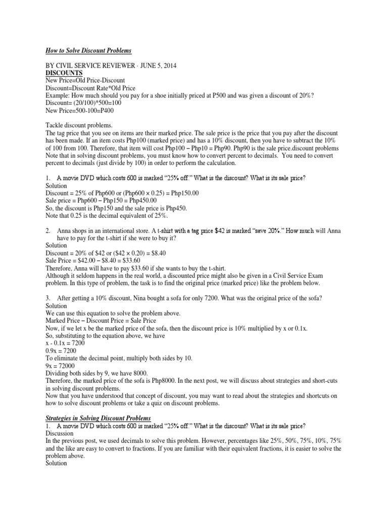 Solving Discount Problems Guide | PDF | Fraction (Mathematics) | Percentage