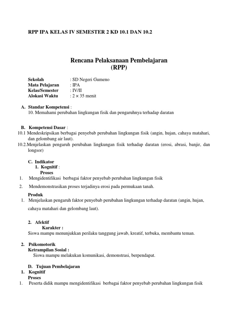 RPP Ipa Kelas IV Semester 2 KD 10 | PDF