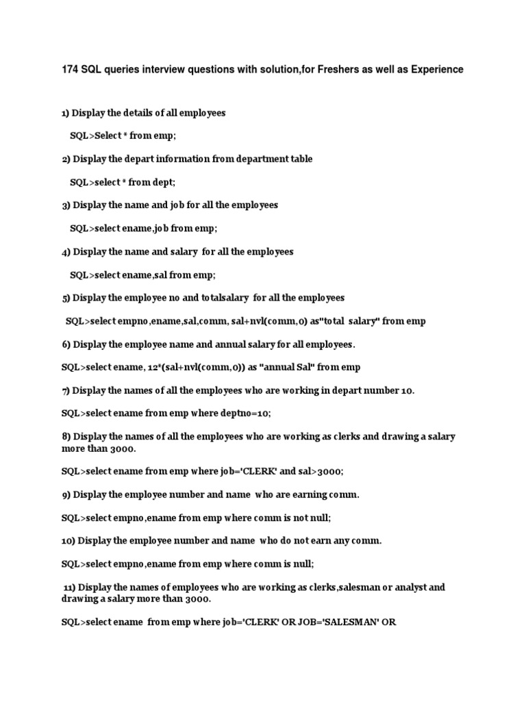 174 SQL Queries | PDF | Salary | Information Technology Management 174 SQL Queries | PDF | Salary | Information Technology Management