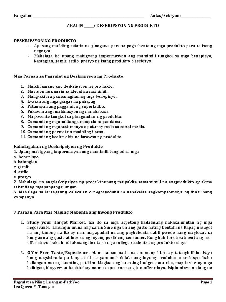 Deskripsyon NG Produkto | PDF