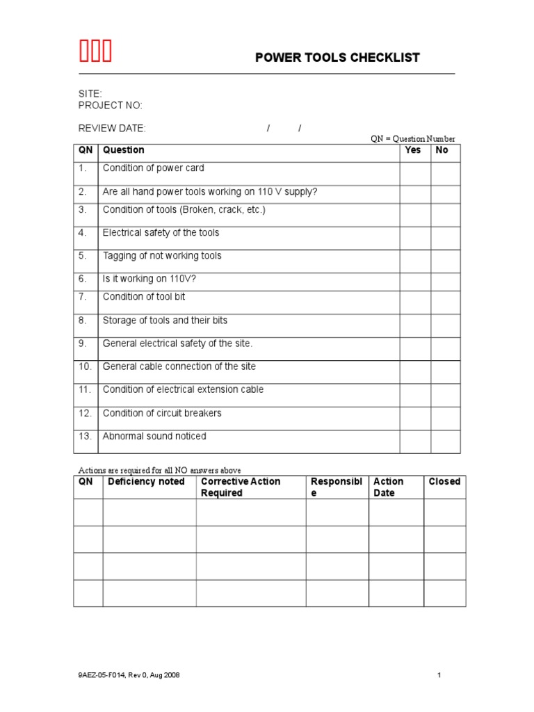 Power Tools Checklist: QN Question Yes No | PDF