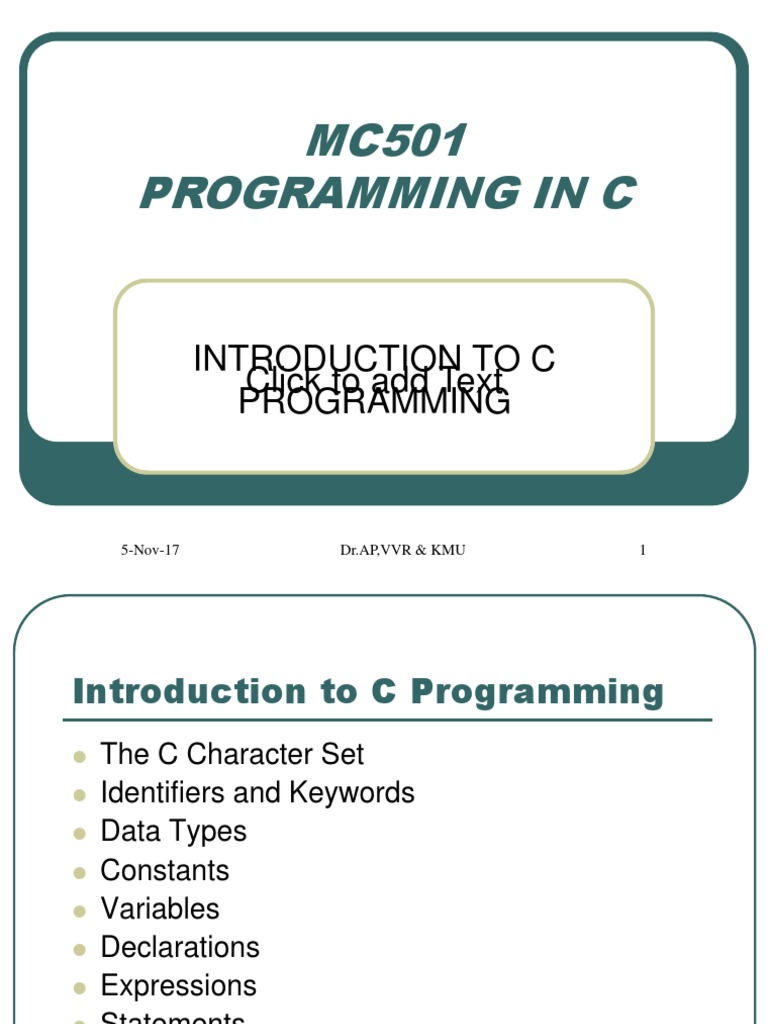 Mc501 Programming In C Click To Add Text Introduction To C Programming 4825