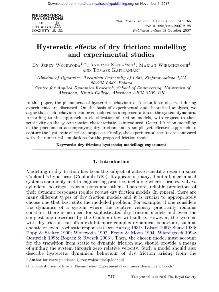 Hysteretic Effects of Dry Friction: Modelling and Experimental Studies | PDF | Friction | Hysteresis