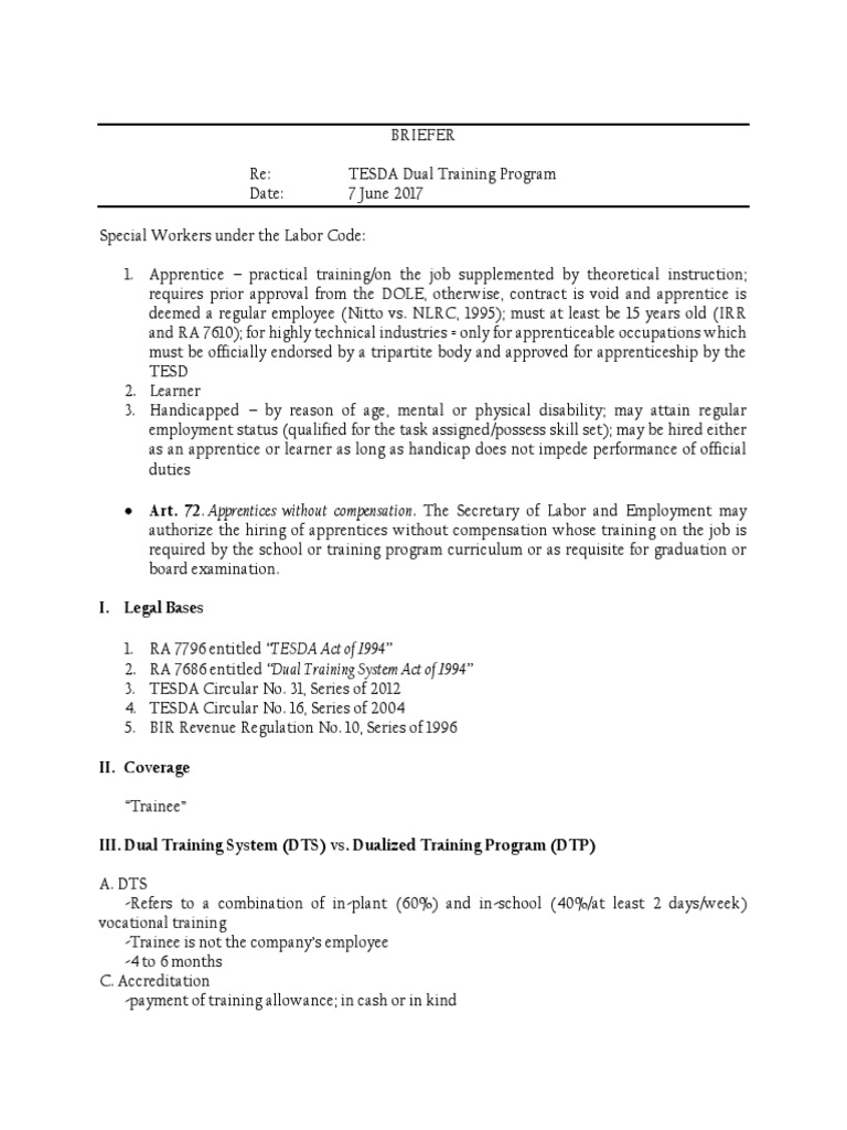 TESDA Dual Training Program | Apprenticeship | Employment