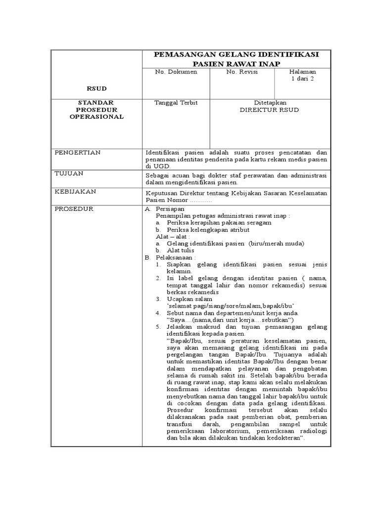 Sop Pemasangan Gelang Pasien | PDF | Pengembangan Diri | Sains & Matematika