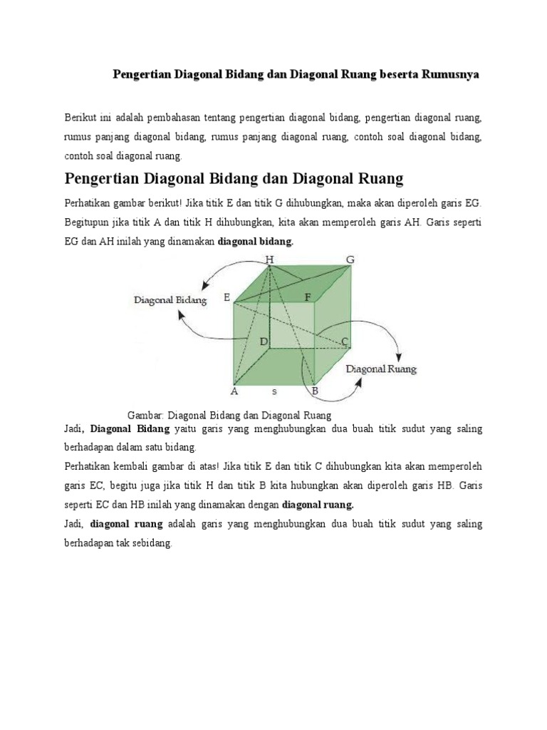 Pengertian Diagonal Bidang Dan Diagonal Ruang Beserta Rumusnya | PDF ...