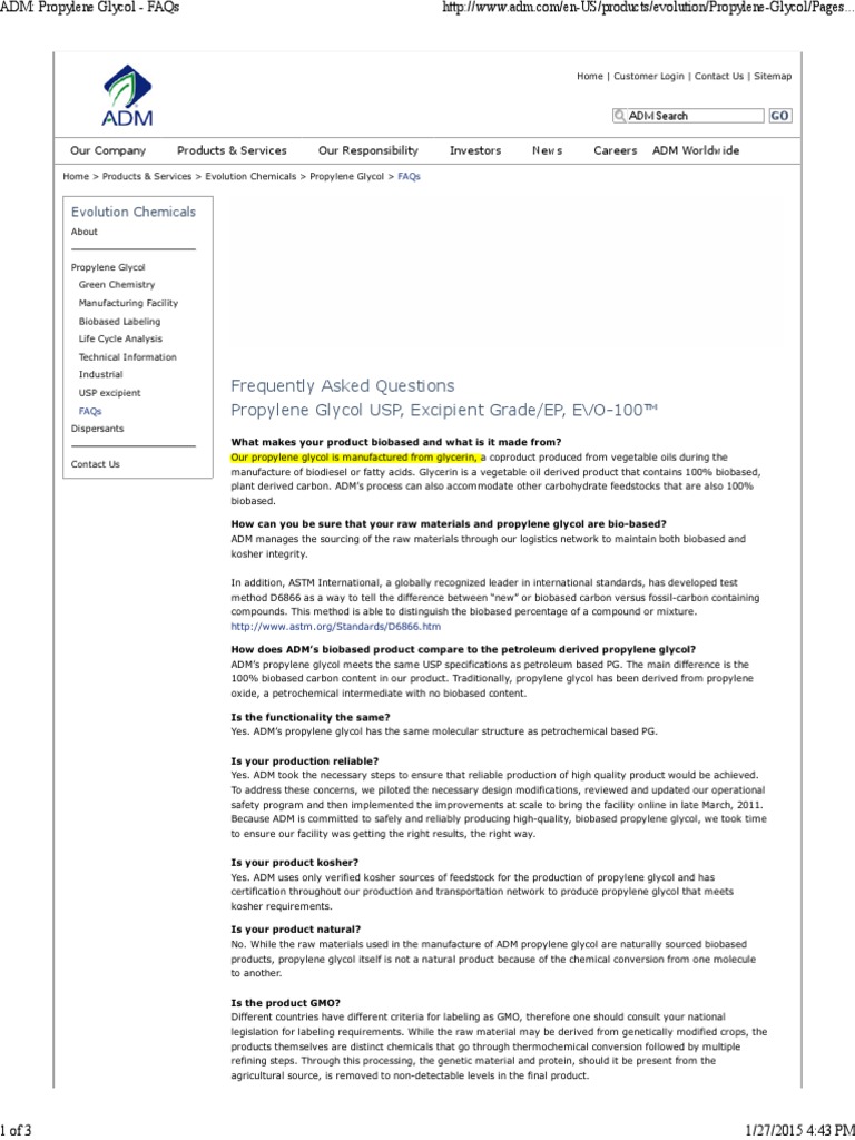 ADM - Propylene Glycol - FAQs | PDF | Glycerol | Petroleum
