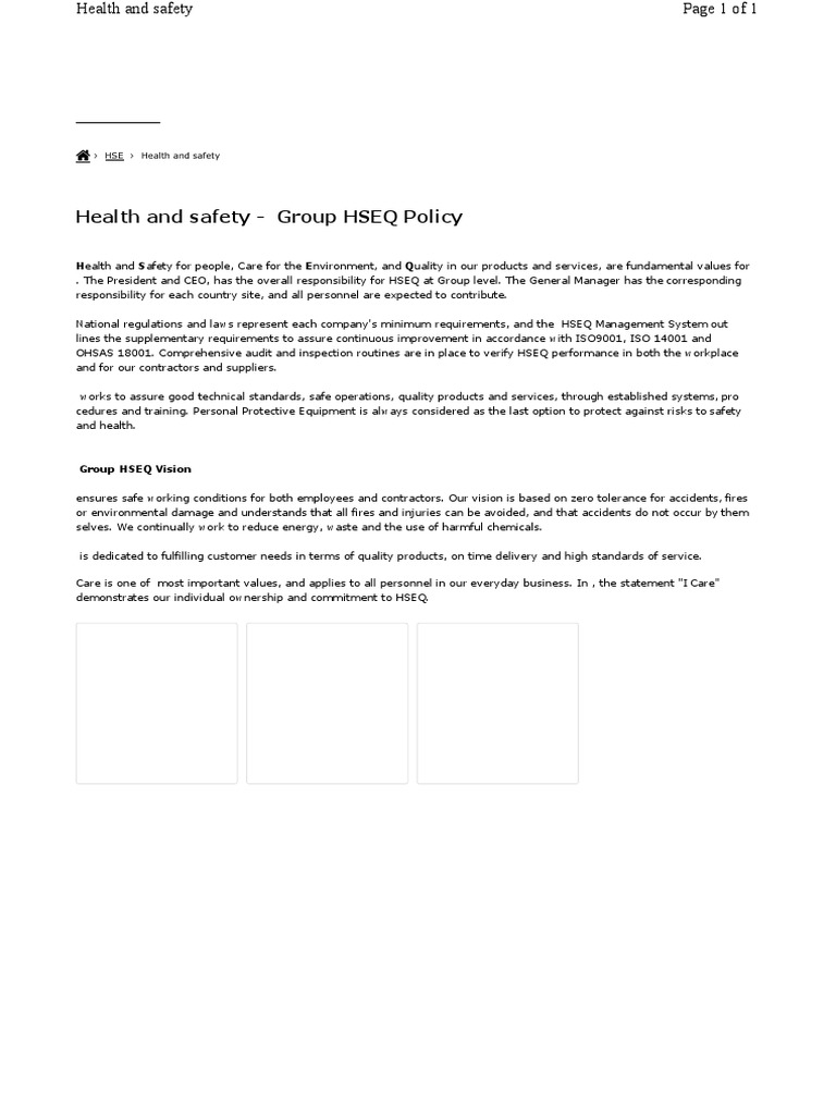 Health and Safety - Group HSEQ Policy | PDF | Business | Wellness