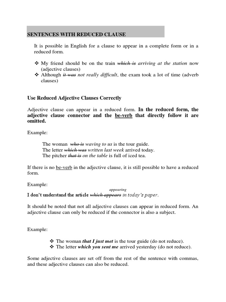 Sentences With Reduced Clause | PDF | Adverb | Verb