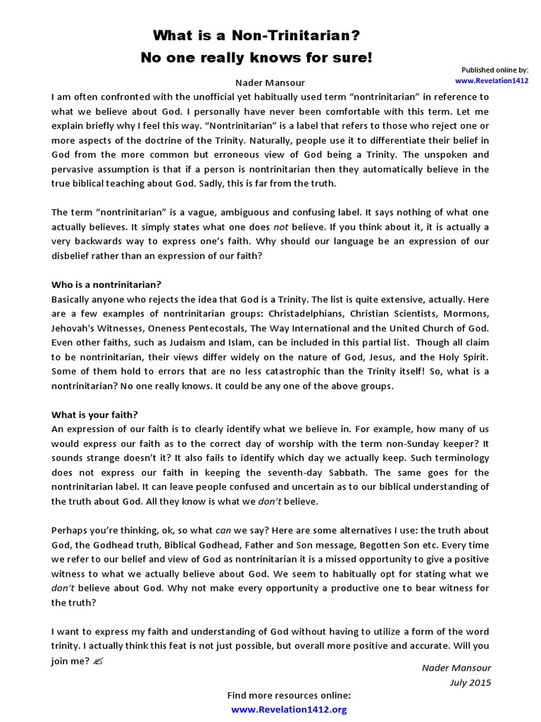 What Is A Non-Trinitarian Nader Mansour | PDF | Nontrinitarianism | Trinity