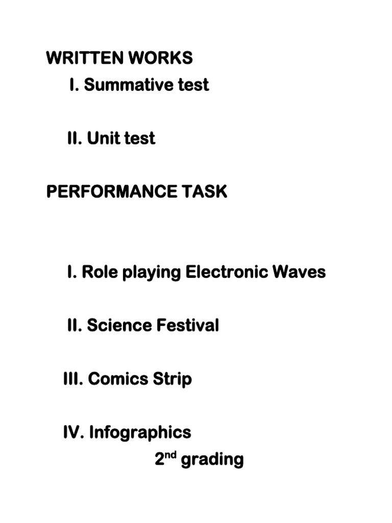 Written Works I. Summative Test II. Unit Test Performance Task | PDF