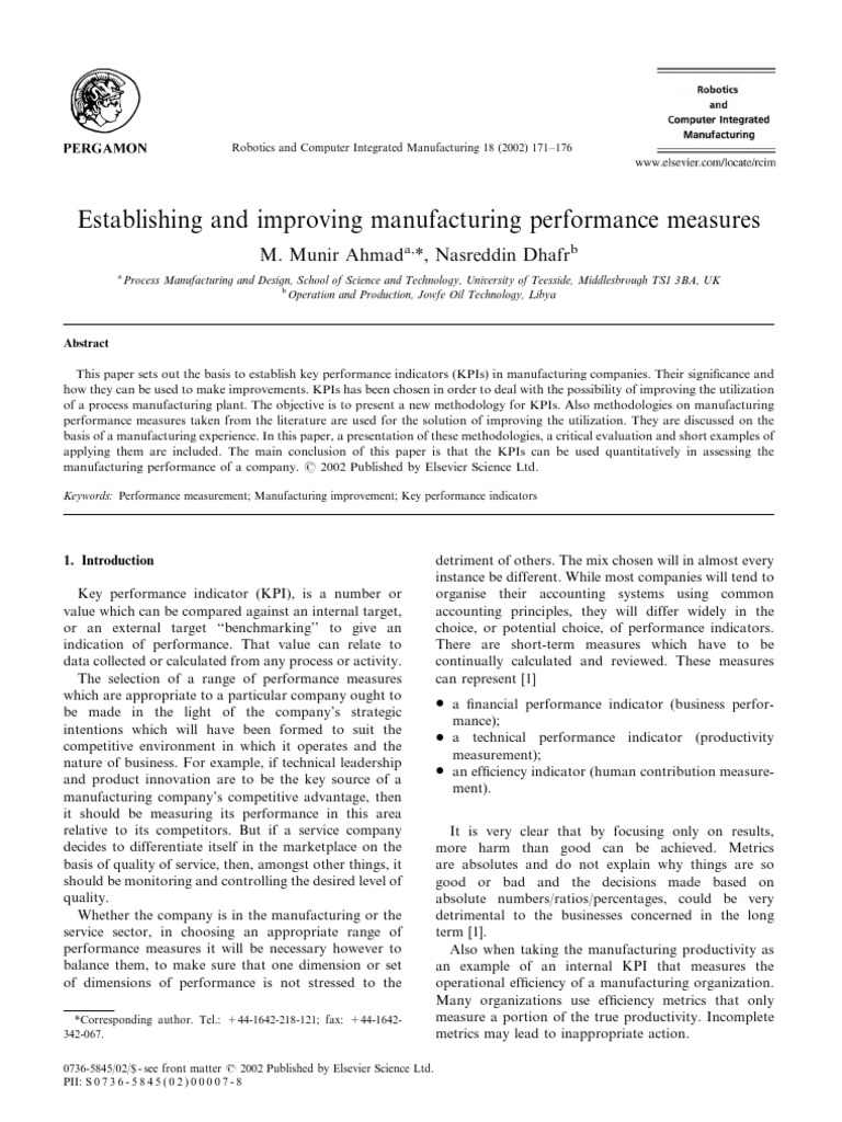 Establishing and Improving Manufacturing Performance Measures | PDF ...