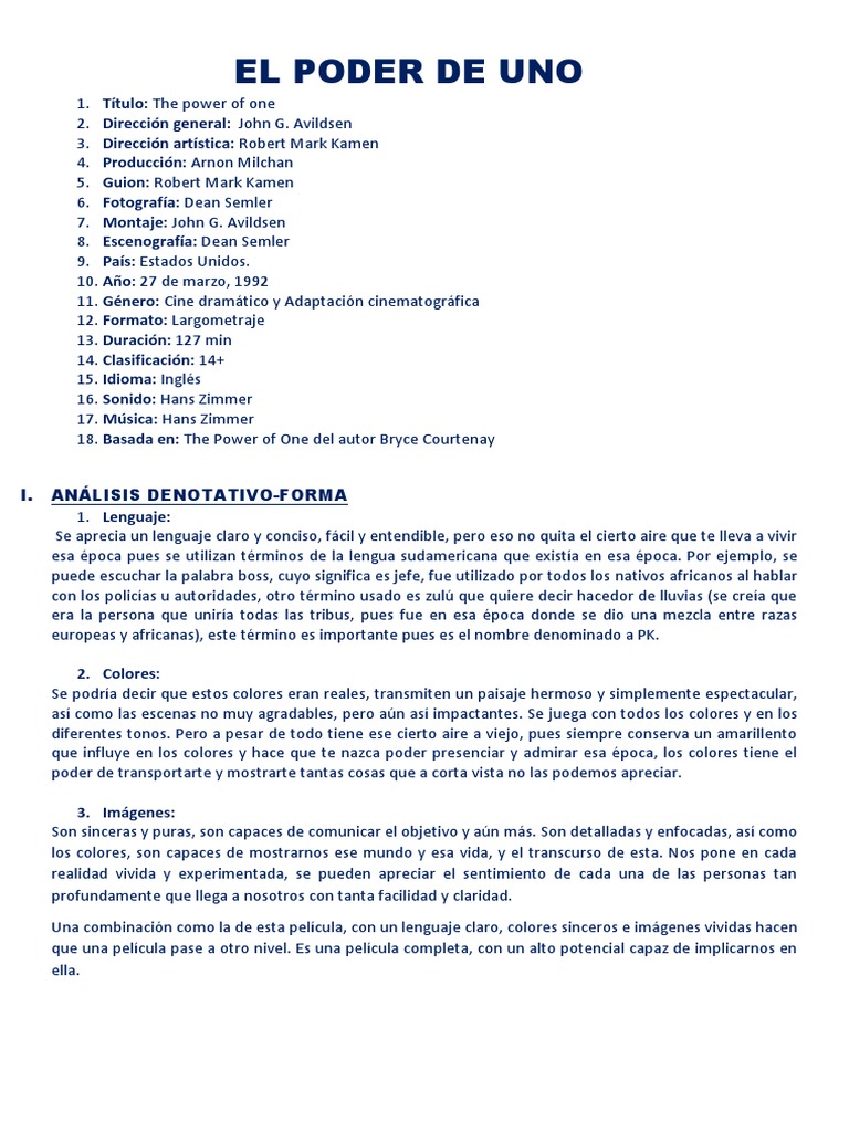 Análisis de La Película: The Power of One (El Poder de Uno) | PDF ...