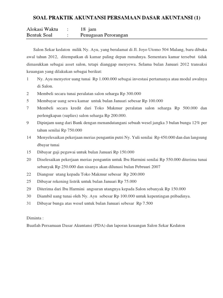 Soal PDA 1 | PDF | Bisnis | Pengelolaan Keuangan & Uang