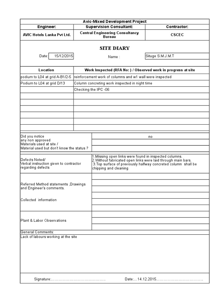 Site Diary: Avic-Mixed Development Project Engineer: Supervision ...