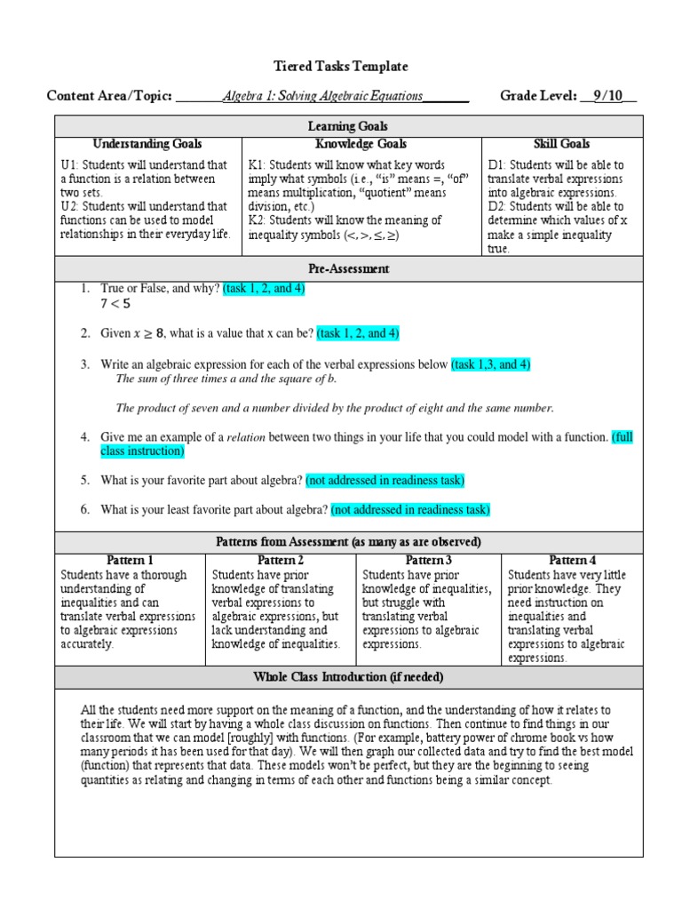 tiered task from pre-assessment | Inequality (Mathematics) | Function ...