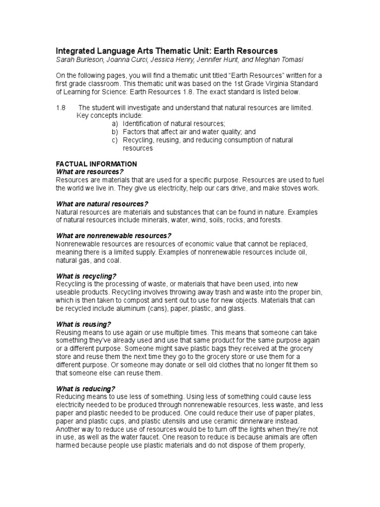 Earth Resources Thematic Unit for 1st Grade | PDF | Reuse | Recycling
