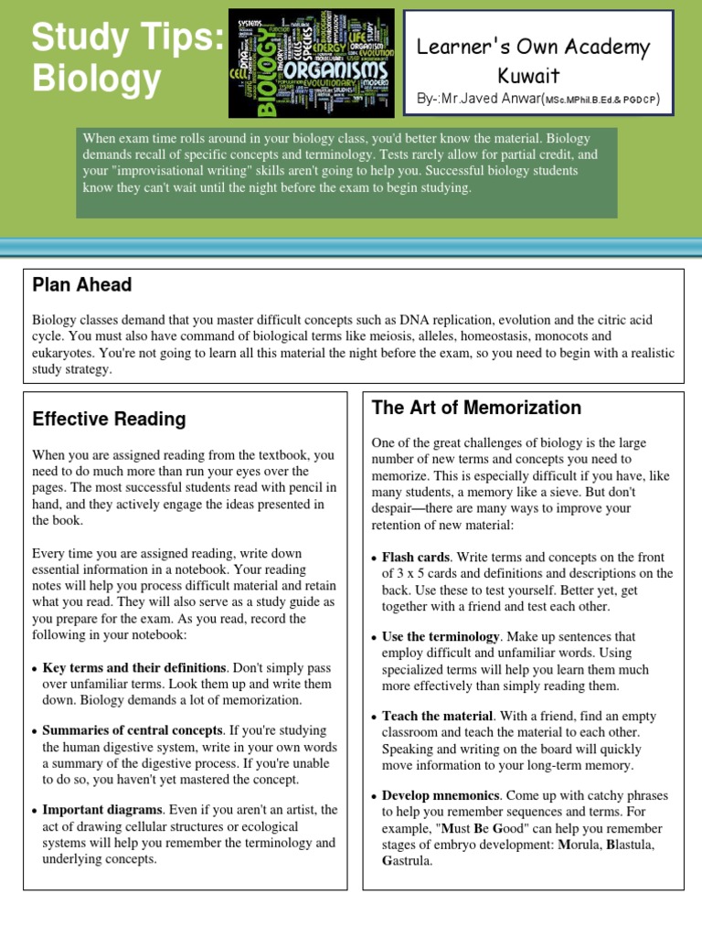 Study Tips Biology | PDF | Test (Assessment) | Memory