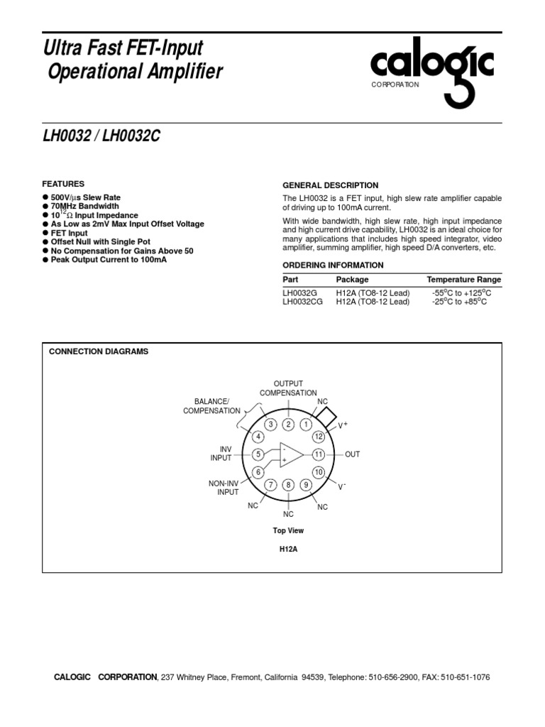 Ultra Fast FET-Input Operational Amplifier: LH0032 / LH0032C | PDF ...