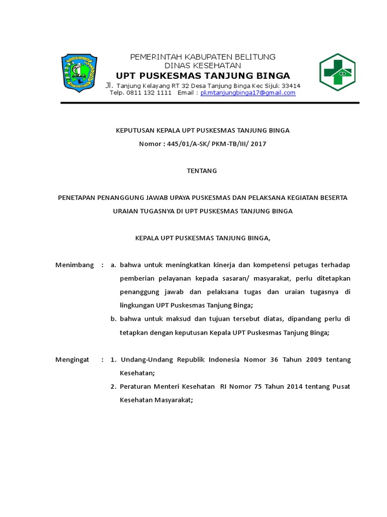 SK. Penetapan PJ & Pelaksana Tugas Di UPT PKM TB Fix | PDF