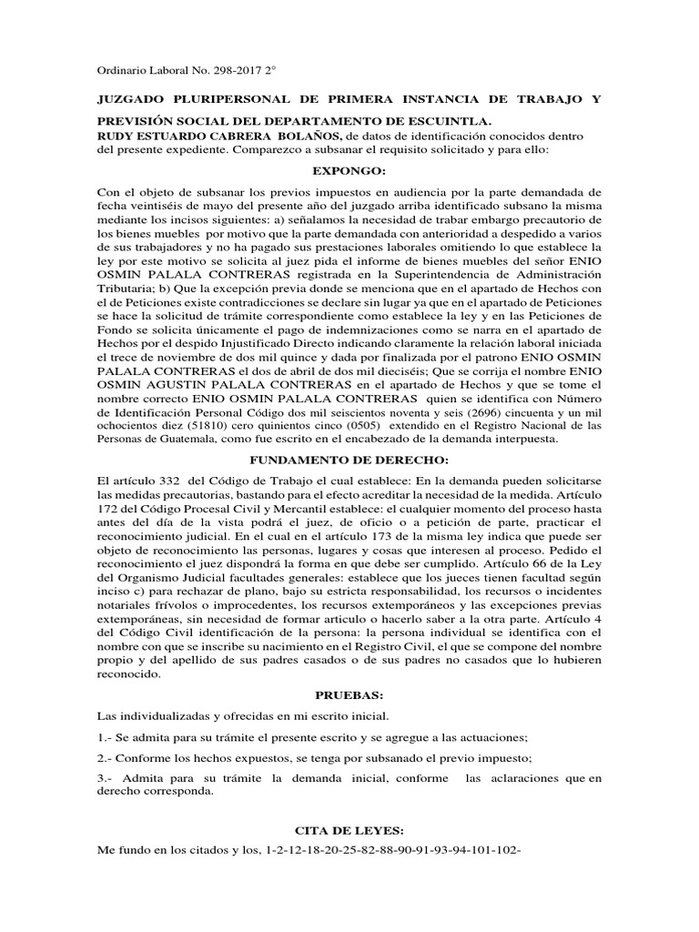 Memorial de Previos. Derecho Laboral-1 | PDF | Demanda judicial ...