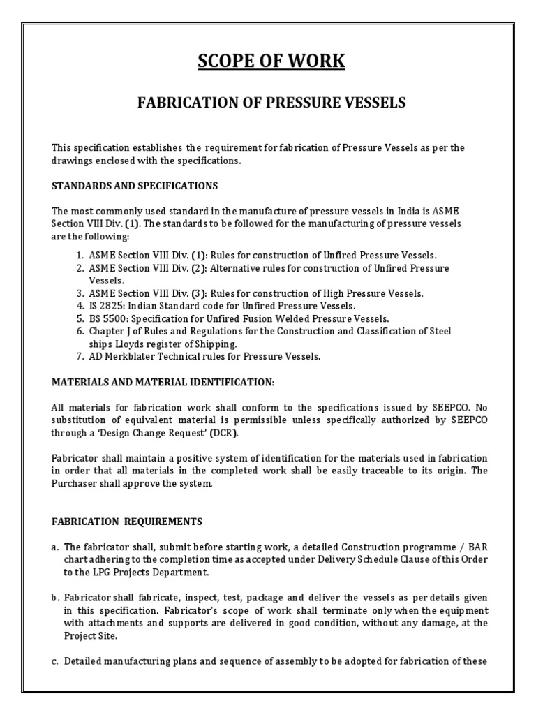 Scope of Work-Fabrication of Pressure Vessels | PDF | Metal Fabrication ...