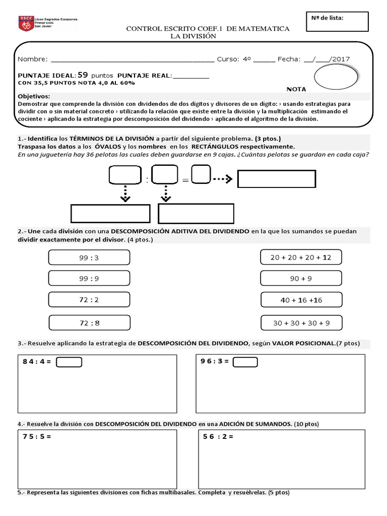 Evaluación de La Division | División (Matemáticas) | Números | Prueba ...