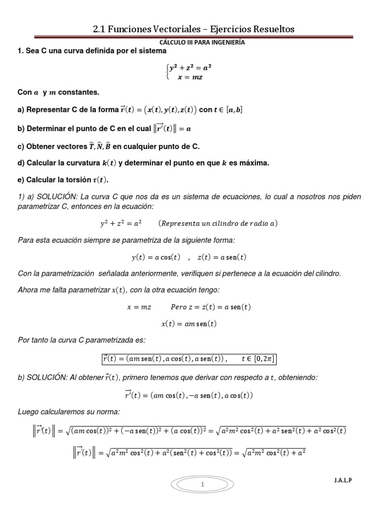 2.1 Funciones Vectoriales Ejercicios Resueltos PDF | PDF | Curva | Vector Euclidiano