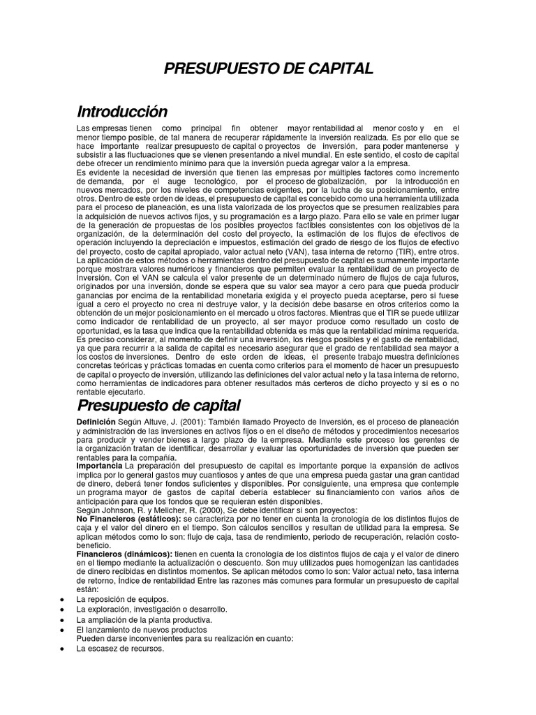 Presupuesto de Capital | PDF | Valor presente neto | Presupuesto