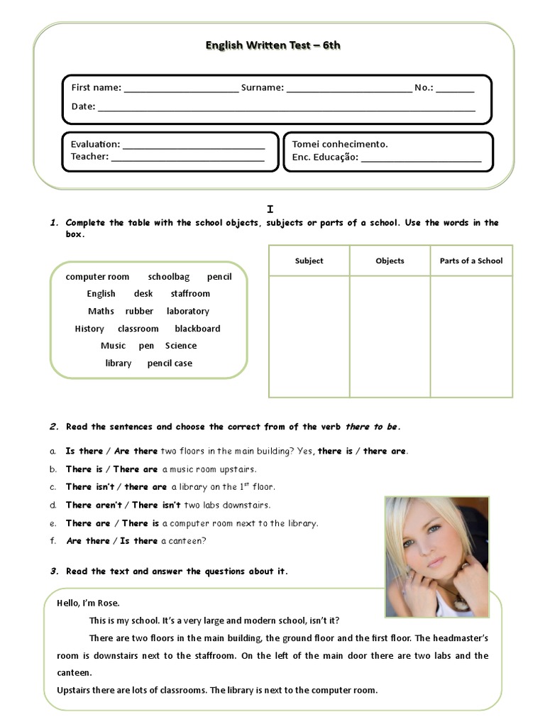 Teste de Ingles School Subjects ESL | PDF | Classroom | Teachers