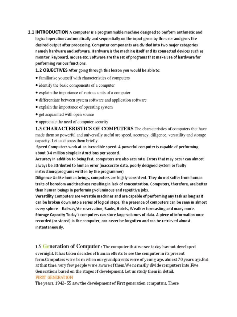 INTRODUCTION a Computer is a Programmable Machine Designed to Perform ...