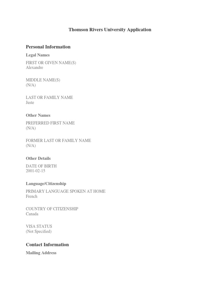 Thomson Rivers University Application | PDF