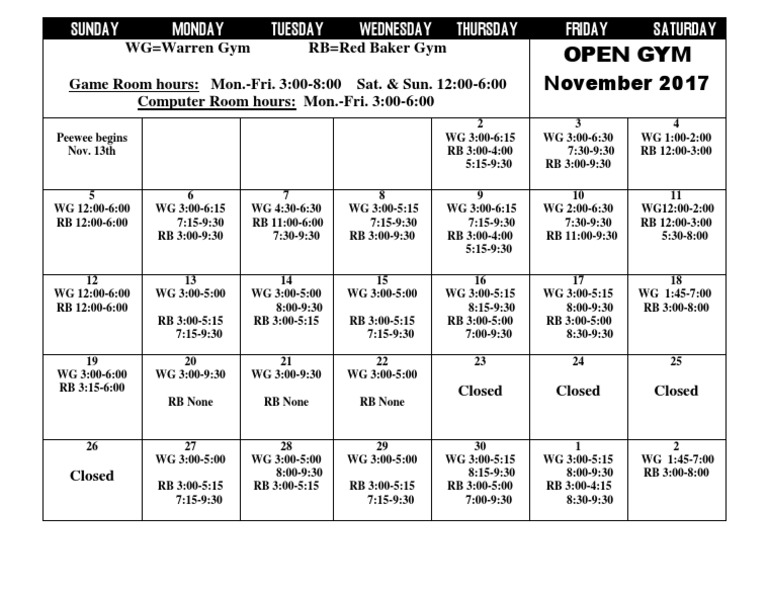 2017 November Open Gym Schedule Southport | PDF | Sports | Leisure