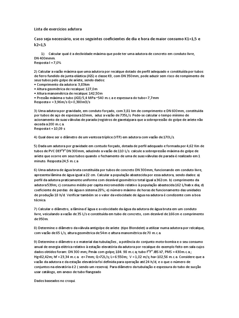 Lista de Exercícios Adutora | PDF | Quantidades físicas | Quantidade