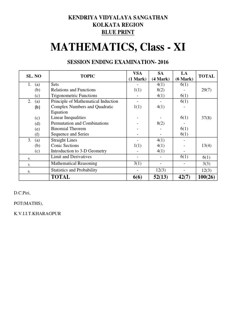 Mathematics, Class - Xi: Kendriya Vidyalaya Sangathan Kolkata Region ...