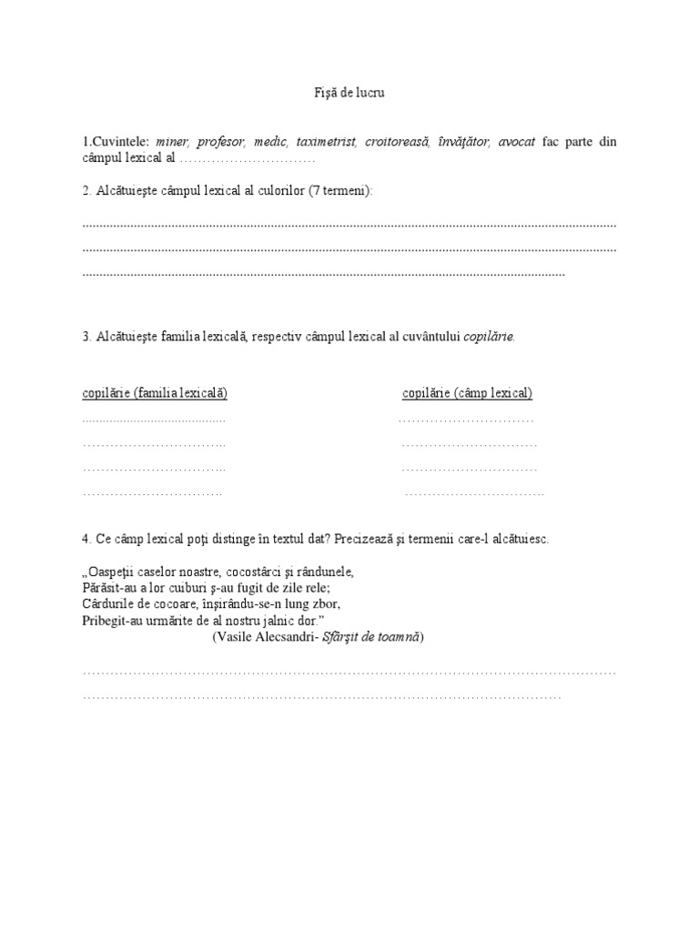 Fisa de Lucru Campul Lexical | PDF