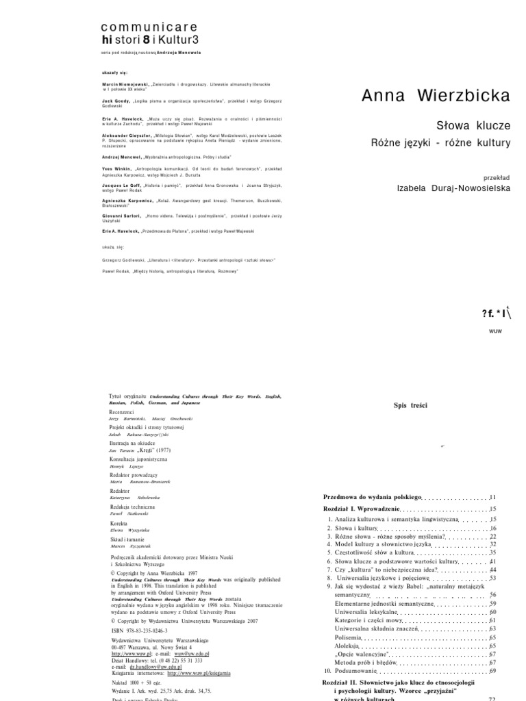 Anna Wierzbicka - Słowa Klucze. Różne Języki - Różne Kultury, Rozdz. I ...