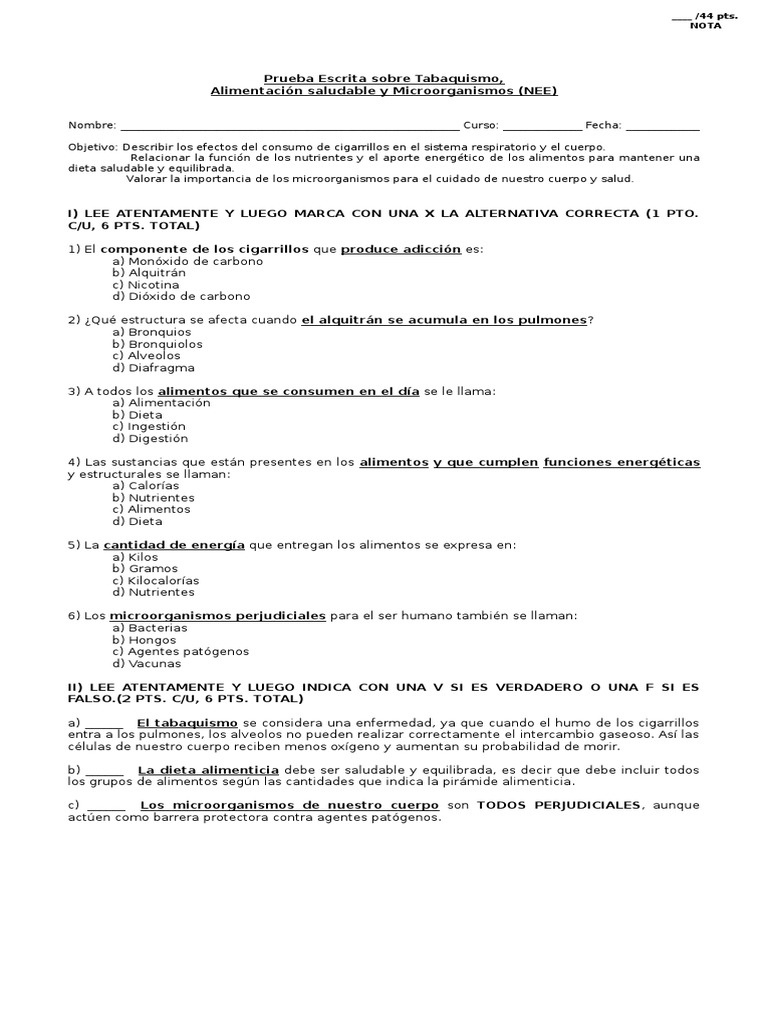 Prueba de Tabaquismo Adaptada 5° NEE | PDF | Fumar tabaco | Adicción