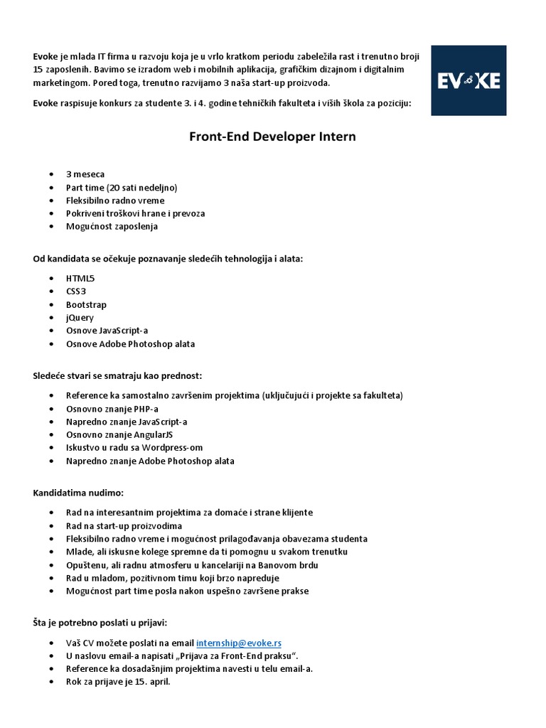 Evoke Front-End Internship | PDF
