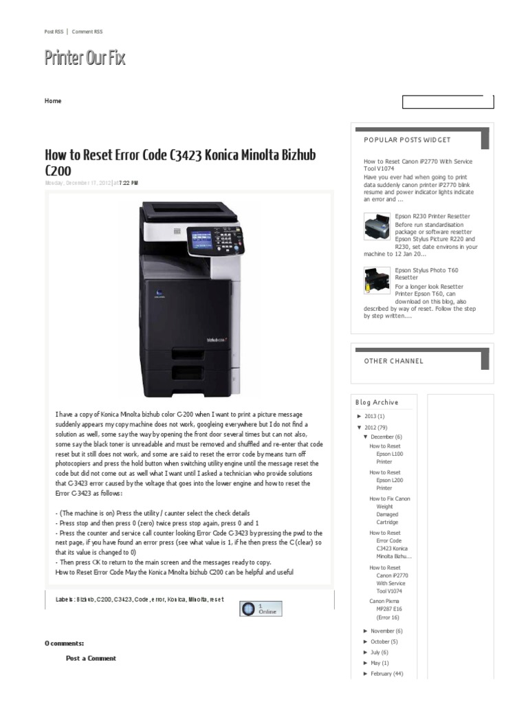 How To Reset Error Code C3423 Konica Minolta Bizhub C200 | PDF | Photocopier | Printer (Computing)