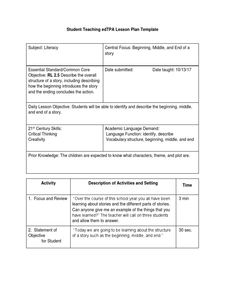 Student Teaching Edtpa Lesson Plan Template | Download Free PDF ...