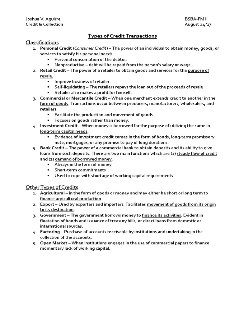 Types of Credit Transaction | Download Free PDF | Credit (Finance) | Loans
