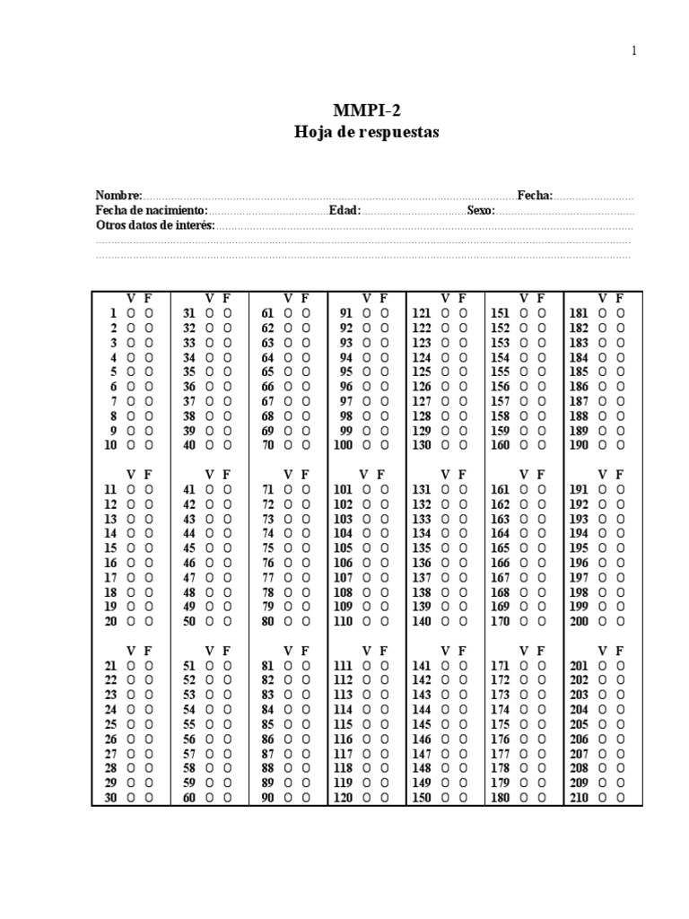 MMPI 2 Hoja de Respuestas PDF