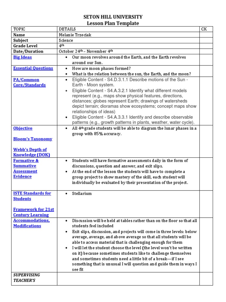 Seton Hill University Lesson Plan Template: Name Subject Grade Level ...