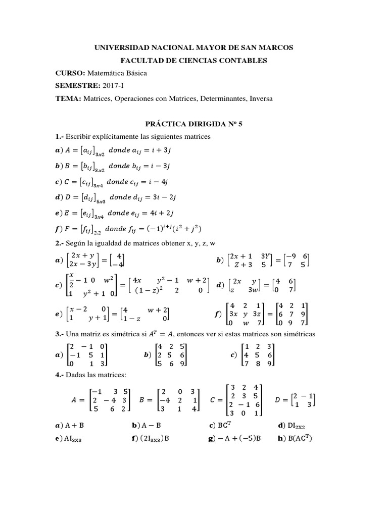 Practica Dirigida 5 | PDF | Determinante | Matriz (Matemáticas)