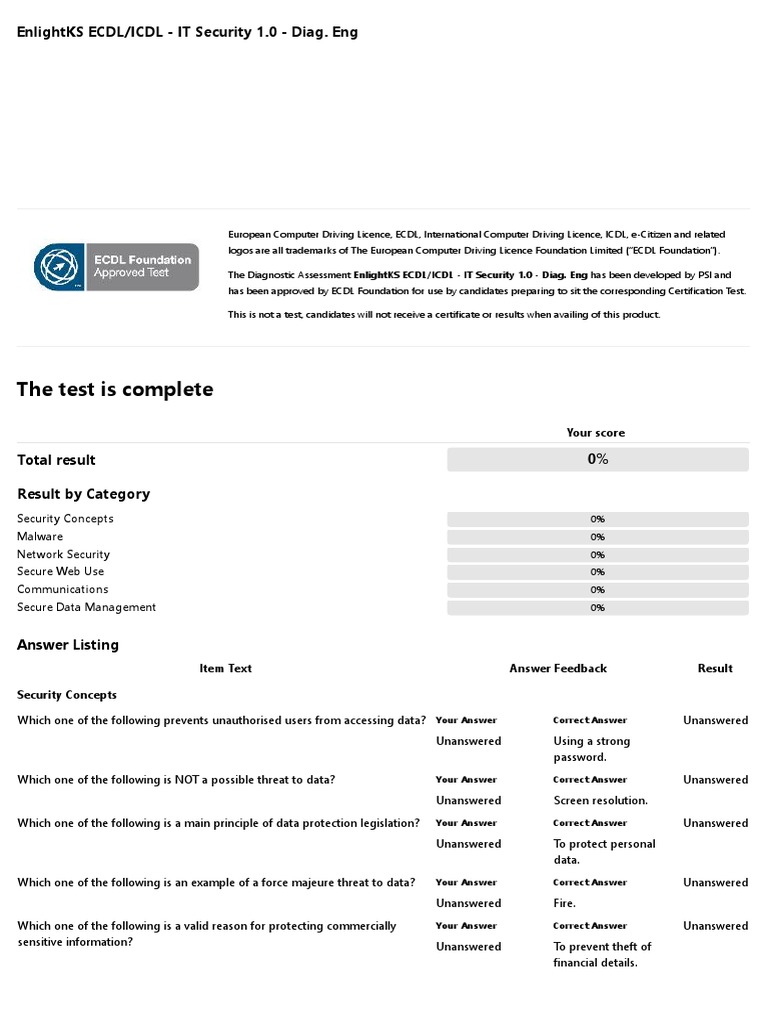 The Test Is Complete: Enlightks Ecdl/Icdl - It Security 1.0 - Diag. Eng ...