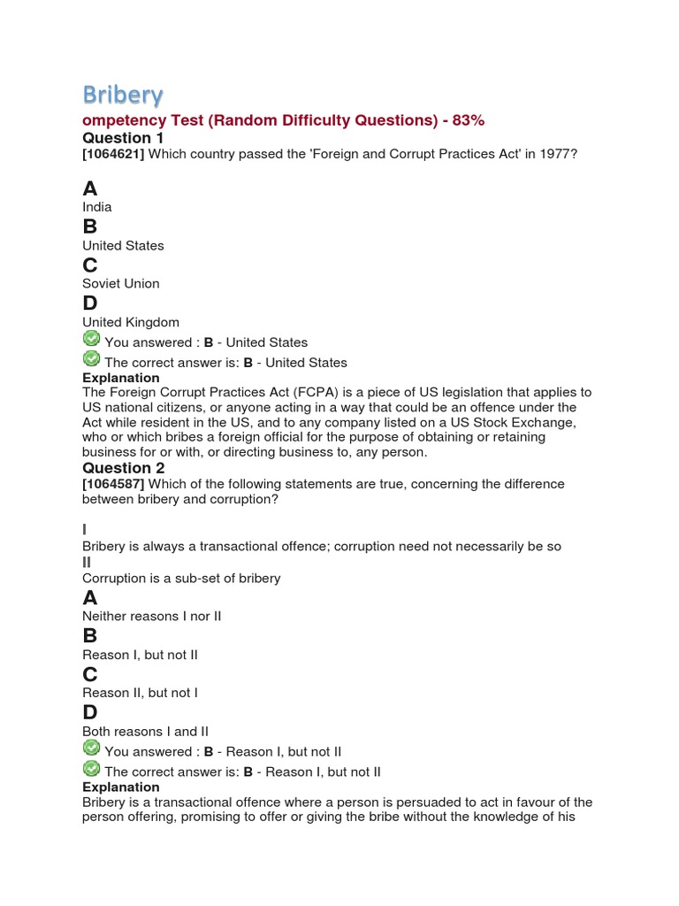 Test Answers.docx | Bribery | Corruption