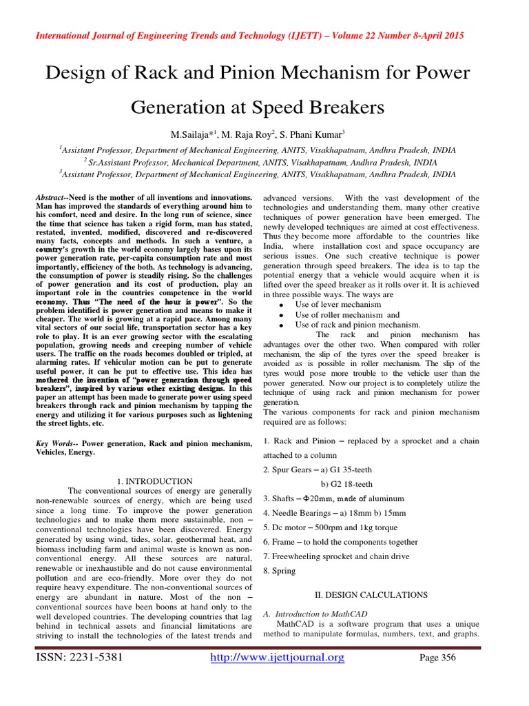 Design of Rack and Pinion Mechanism For Power Generation at Speed ...