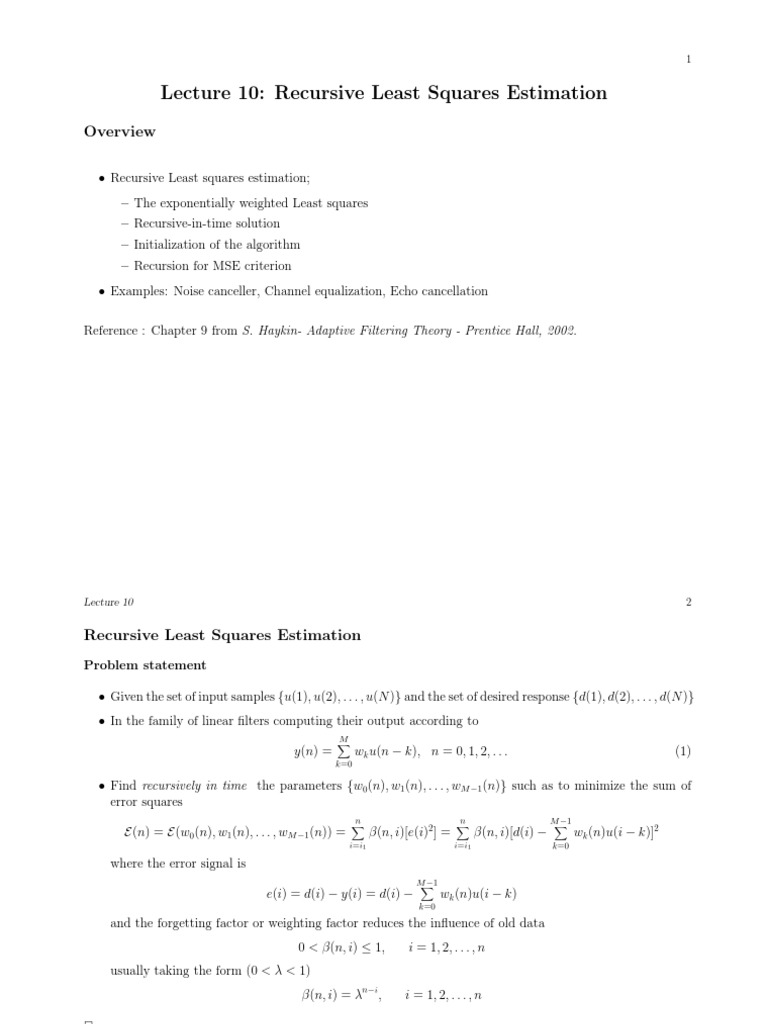 Lecture 10: Recursive Least Squares Estimation | Download Free PDF ...