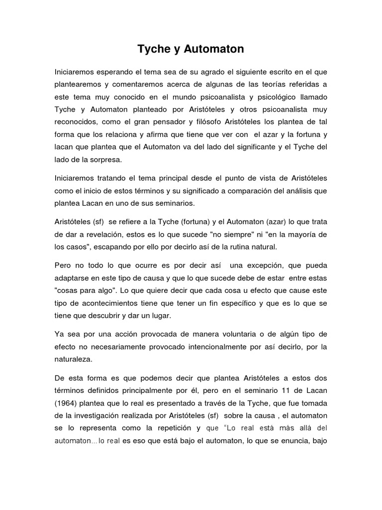 Tyche y Automaton | PDF | Aristóteles | Jacques Lacan